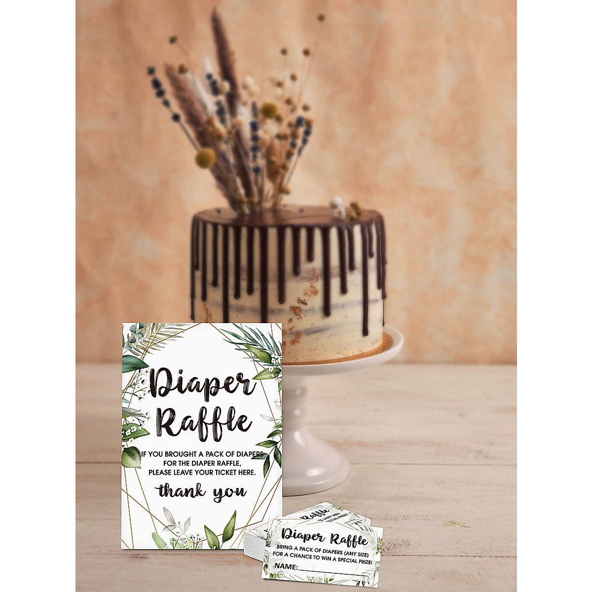 Diaper Raffle Baby Shower Game Set(1 Standing Sign + 50 Guessing Cards), Greenery Diaper Raffle Tickets for Baby Shower, Gold Foil Baby Shower Party Favor Decor - A14