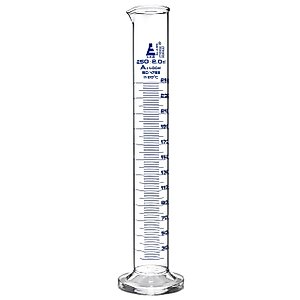 EISCO Graduated Cylinder, 250ml - Class A Tolerance ±1.00ml - Round Base - Blue Graduations - Borosilicate 3.3 Glass