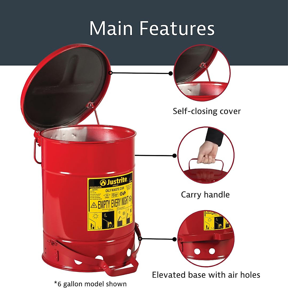 Justrite 10 Gallon Galvanized Steel Oily Waste Can, 18" x 14" Metal Oil Rag Safety Can With Foot Operated Self-Closing Lid for Oil Rag Disposal, Made in the USA, Red, 09300