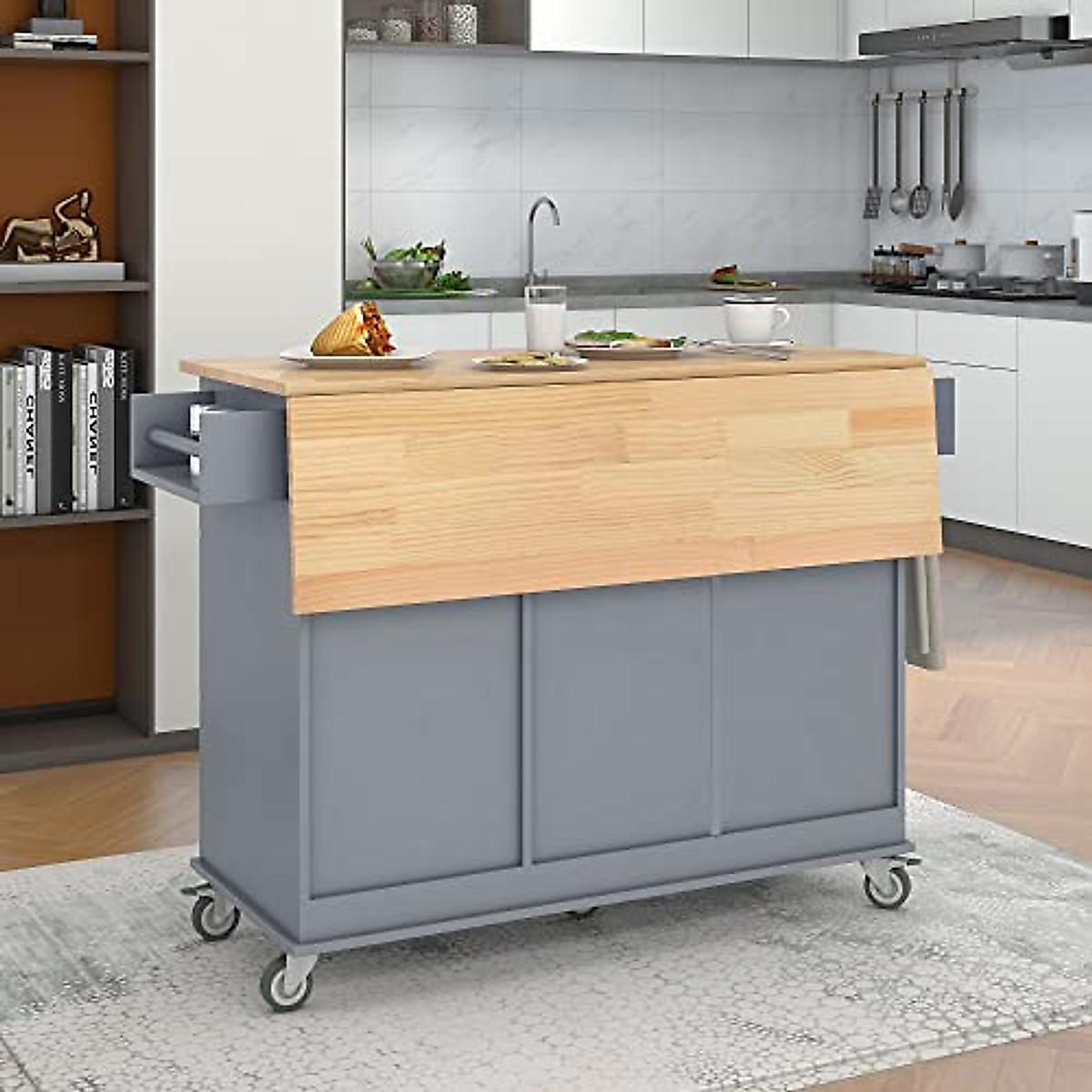 OPTOUGH Rolling Mobile Kitchen Island with Locking Wheels,Storage Cabinet and Drop Leaf Breakfast Bar, Kitchen Cart for Home w/Spice Rack,Towel Rack & Drawer,Grey Blue