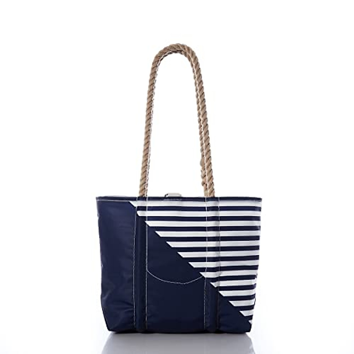 Sea Bags Recycled Sail Cloth Breton Stripe White Anchor Handbag Shoulder Bag, Small Tote Bag Rope Handles, Clasp Closure Rope Handles