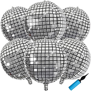 Jerbor 60PCS Disco Ball Balloons with Pump,4D Disco Party Decorations,Love-Shaped Star-Shaped Balloons,Silver Disco Mylar Balloons for 70s 80s Disco Themed Birthday New Year's Party Decor Supplies