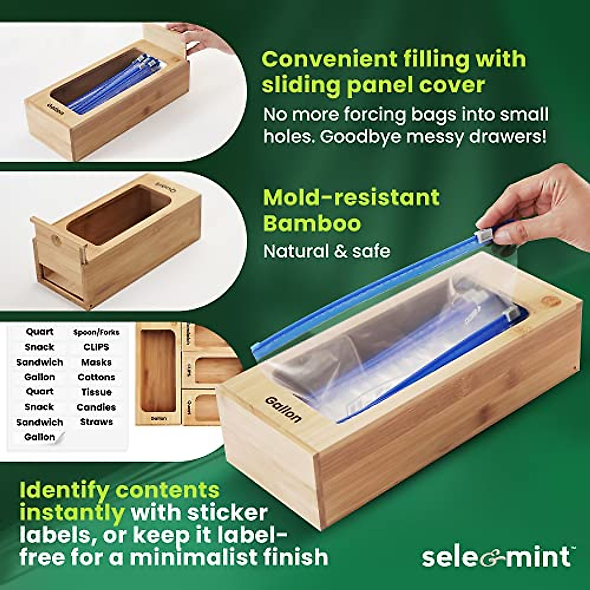 Bag Storage Organizer for Drawer - Ziplock Bag Storage Organizer with Slider Cover - Bamboo Food Plastic Baggie Holder & Container, Sandwich & Snack Sized Slider Bags Dispenser for your kitchen drawer