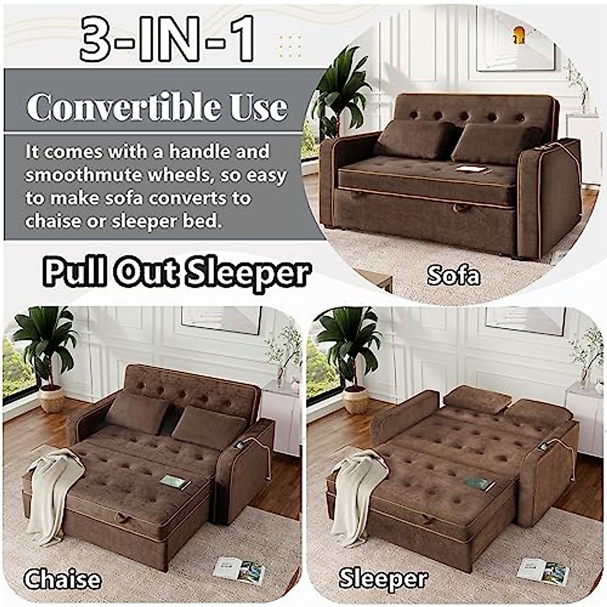 Gynsseh Convertible Sleeper Sofa Bed, 3 in 1 Pull Out Sofa Sleeper with Dual USB Ports and 2 Pillows, Velvet Upholstered Sleeper Loveseat Couch with Pull Out Bed, Full Size, S1-V-Brown