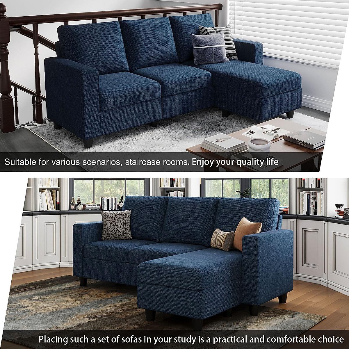 Belffin Convertible Sectional Sofa, L Shaped Modern Couch, Small Couch with Reversible Chaise for Living Room and Small Space, Navy Blue