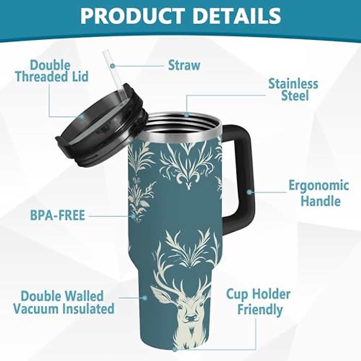 linqin Chic Elk Face Vacuum Insulated Tumbler Leak-proof Lid and Straw 30 oz Stainless Steel Water Bottles Reusable To Go Coffee Mug for Water, Iced Tea or Coffee