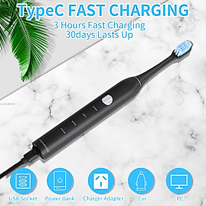 FROMSIJOE Sonic Electric Toothbrush,Ultra Whitening Toothbrush with 8 Brush Heads & Travel Case,3 Modes,2 Minutes Smart Timer,3 Hours Fast Charge for 30 Days-8 Dupont Brush Heads Included-Black