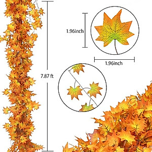 CQURE 14 Pack 98Ft Fall Leaf Garland, Hanging Vines Garland Artificial Fall Maple Leaves Garland Thanksgiving Decor for Home Wedding Fireplace Party （Orange Green）