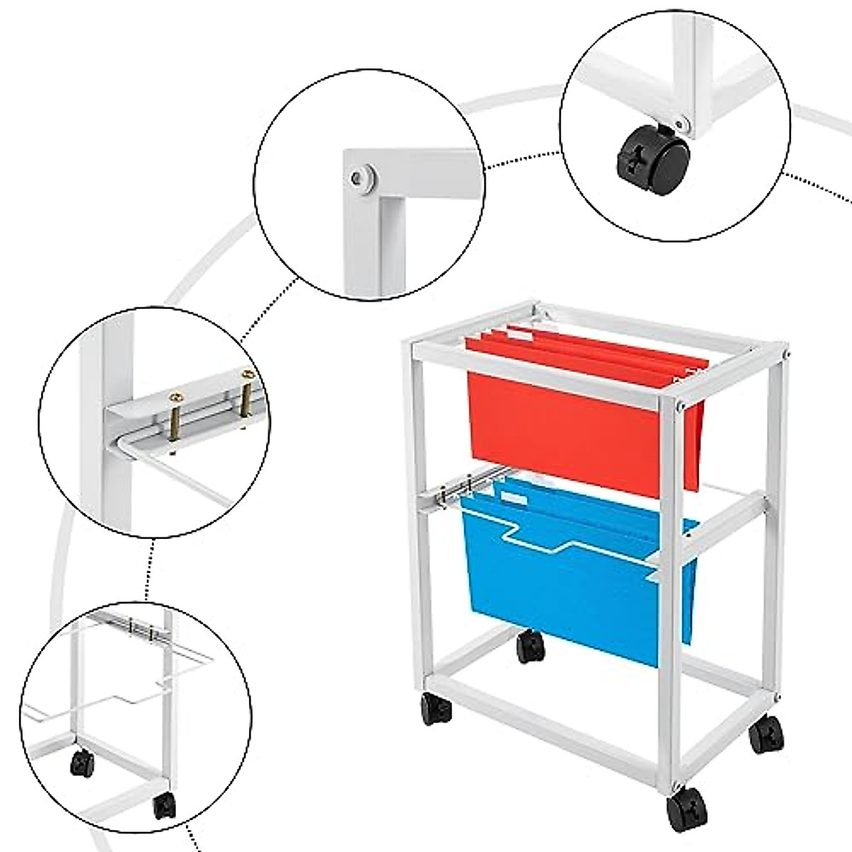 LyeXD 2 Tiers Metal Rolling File Carts w/Wheels, Modern Hanging Files Frame Files for Documents, Movable Pull-Out File Folder Rack Rolling File Organizer for Office, Classroom, White