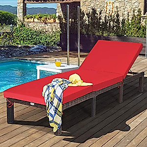 Nightcore Rattan Lounge Chair, Outdoor Wicker Lounge Chair Cushion with Thick Zipper Pad, Patio Recliner Chair with Adjustable Backrest, Chaise Lounge Recliner for Garden Patio Yard, Red (1)