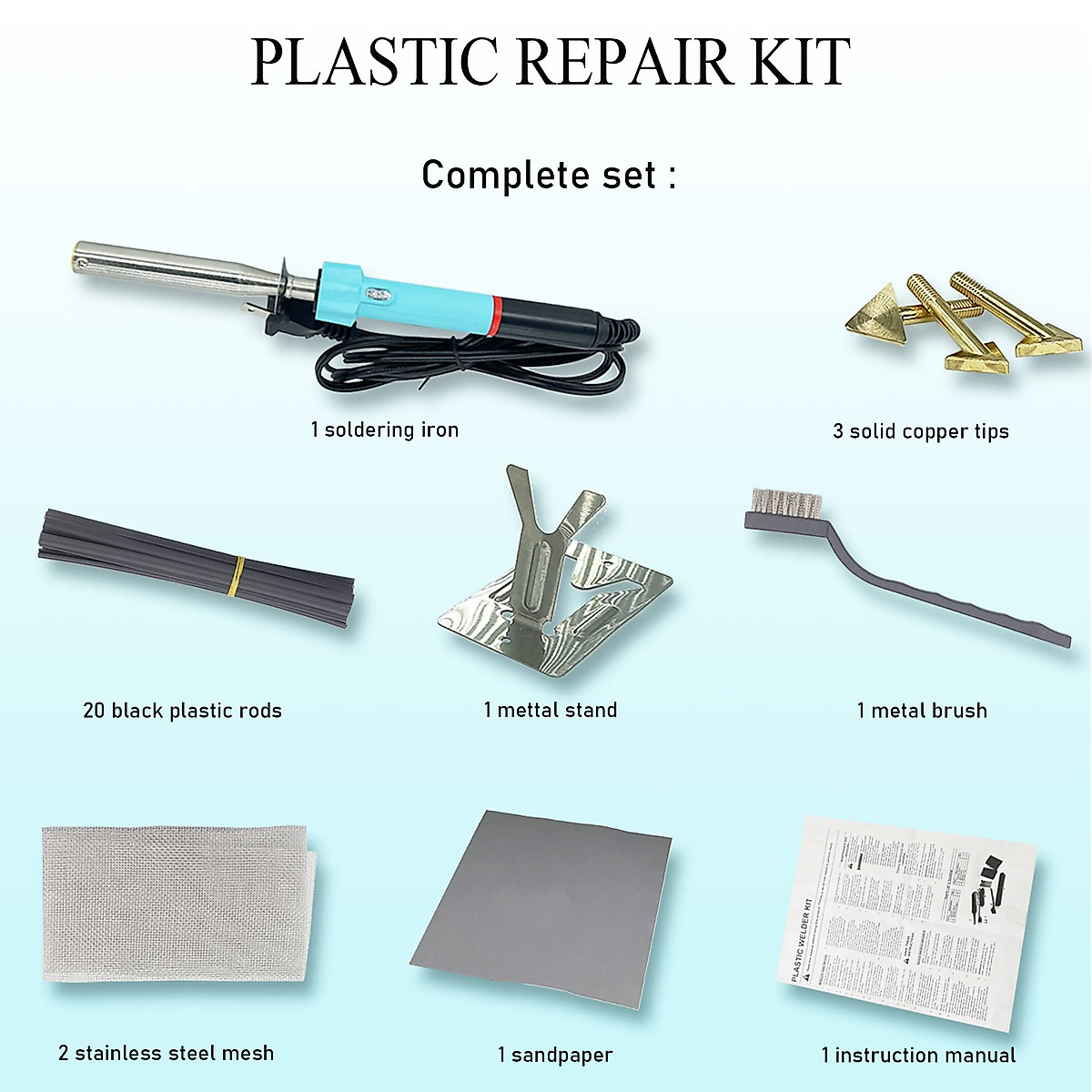 Plastic Welding Repair Kit - 80W Iron 20 black Rods, Sandpaper,Stainless Steel Mesh, Portable Use - Welder Tools for Car Bumper, Kayak, Canoe,110V Only