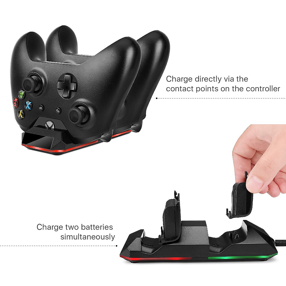 TNP Dual Charging Station for Xbox One Controller w/ 2 Rechargeable 600mah Lithium Batteries, Dock Cradle Base Charger w/USB Cable, LED Status Indicator for Xbox One S/X Wireless Gaming Controller