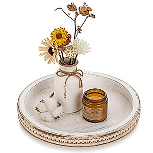Hanobe Wood Decorative Tray Round: White Washed Bead Tray for Coffee Table Rustic Wooden Trays Decor Farmhouse Kitchen Counter Circle Tray Vintage Centerpiece for Living Room Home Bathroom Organizer