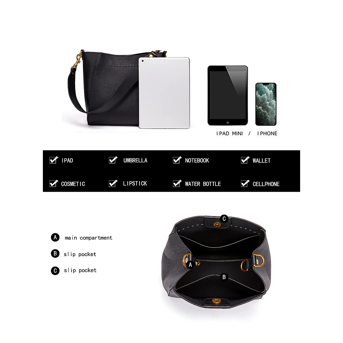 DORIS&JACKY Leather Bucket Tote Bag For Women Medium Hobo Shoulder Purse And Handbags (1-Black)