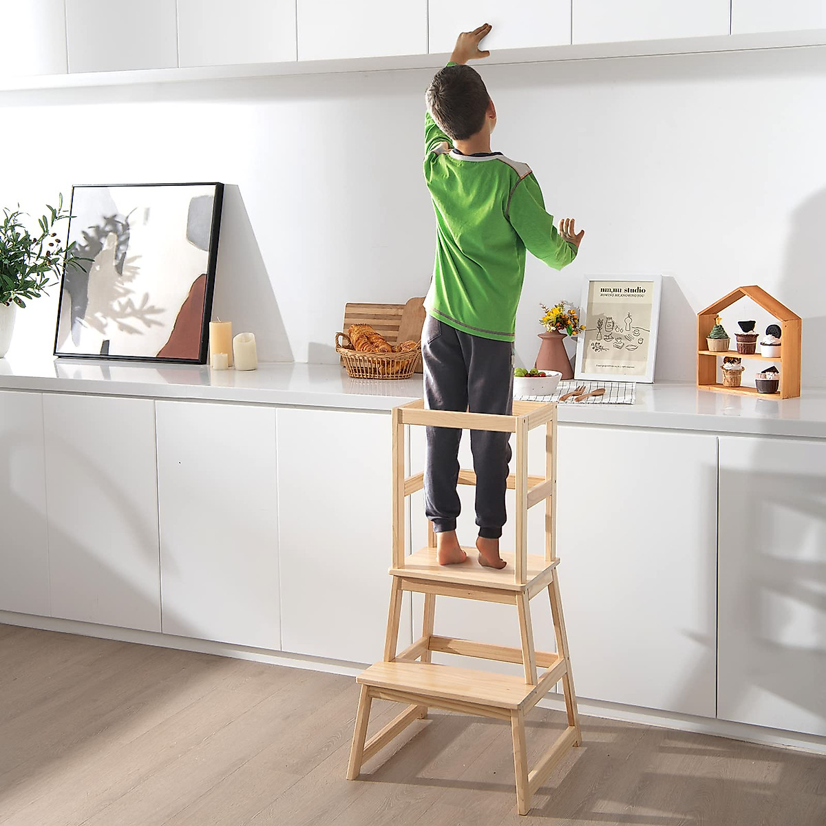 HONEY JOY Kids Kitchen Step Stool with Safety Rail, Wooden Montessori Standing Tower for Counter Bathroom Sink, Non-Slip Mat, Children Learning Stepping Stool for Toddlers 18+ Month