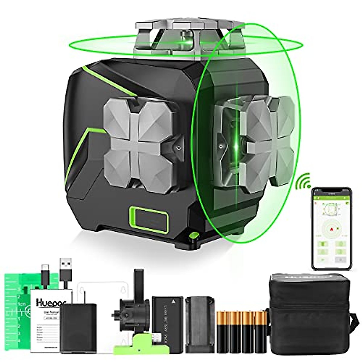 Huepar Laser Level 2x360 Self-Leveling Cross Line Laser with Bluetooth Connected, 360° Green Beam Leveling and Alignment Laser Tool with Metal Laser Window, Li-ion Battery&Magnetic Base Included-S02CG