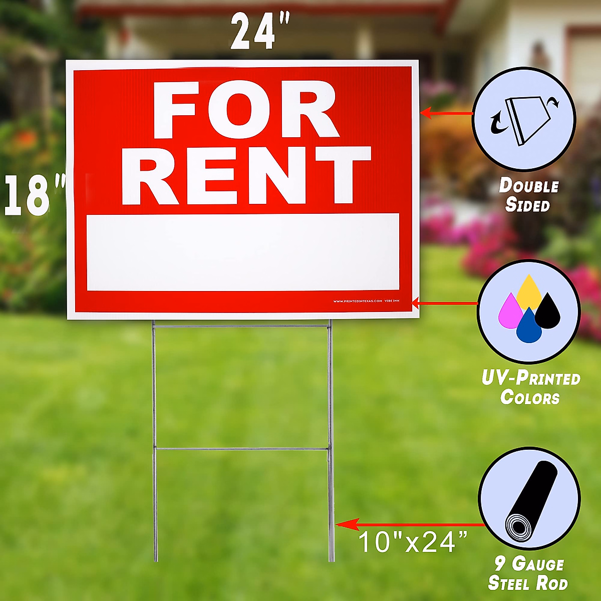 Large for Rent Sign Kit with Tall Stands - Yard Sign Bundle for Rental Property - Include (1x) 24" x 18" Yard Sign with (2X) Directional Left or Right Arrow + (3X) 24" Tall Wire Stakes