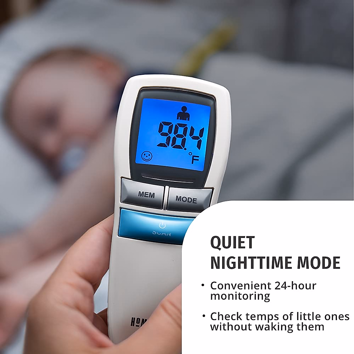HoMedics No-Touch Infrared Thermometer, Reliable and Accurate Body Temperature Readings, Ultra-Fast Results, Digital Display for Fahrenheit or Celsius, Quiet Nighttime Mode and High-Fever Alarm