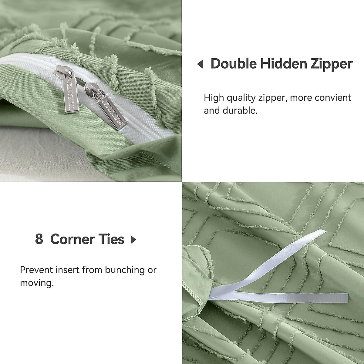 JELLYMONI Light Green Duvet Cover Twin Size - 3 PCS Microfiber Tufted Duvet Cover Set, Boho Textured Duvet Cover Jacquard Rhombus Geometric Pattern Duvet Cover with Corner Ties & Zipper Closure