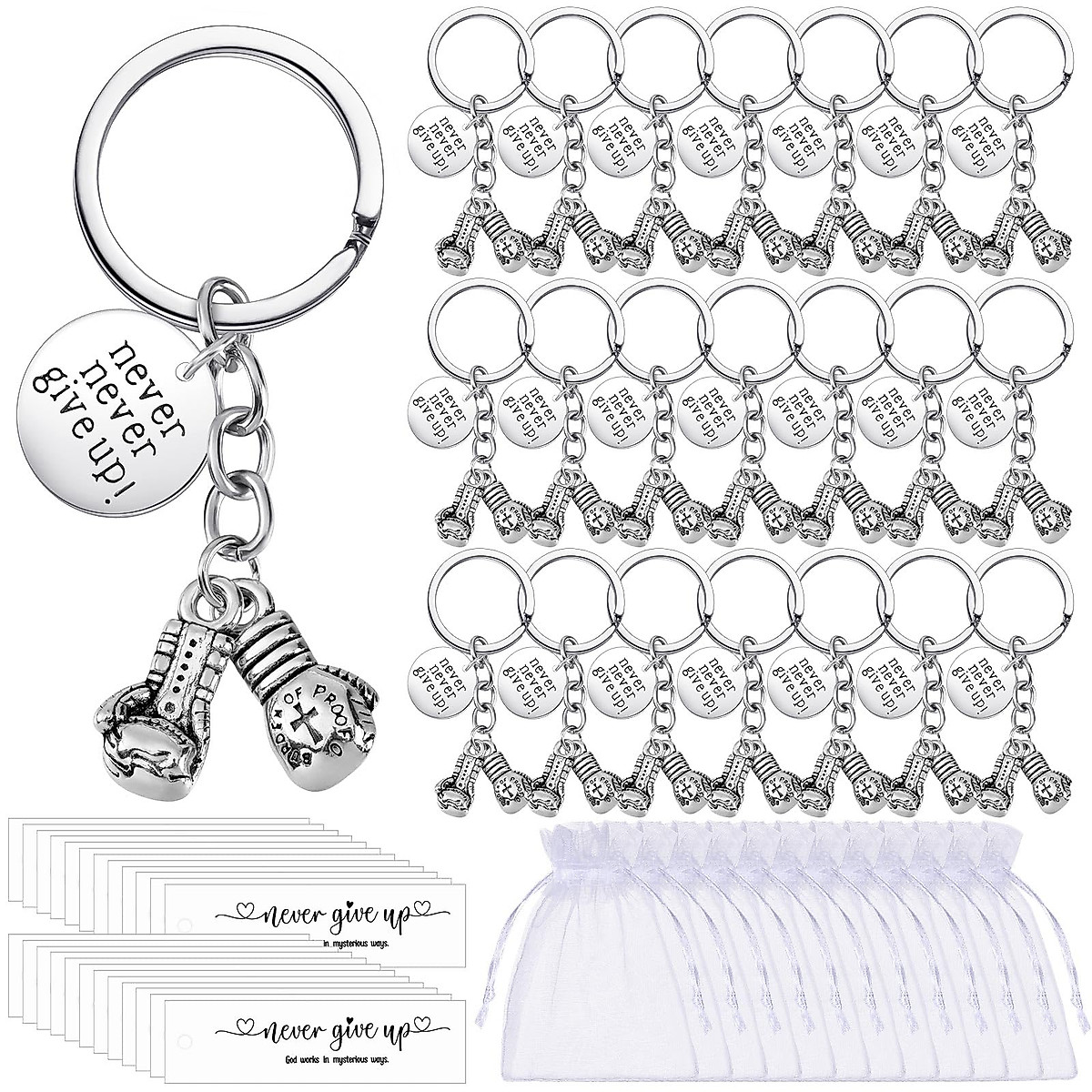 Loetere 24 Sets Never Give up Boxing Keychain Boxing Gloves Charm Keyring with Thank You Tag and Organza Bag Inspirational Keychain Gift for Boxers Appreciation Gift Fitness Gift Boxer Fan Gift