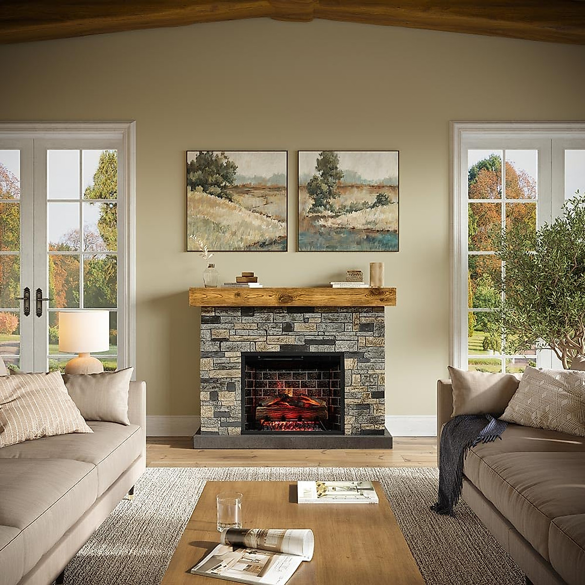 Country Living Dixson 55 Inch Wood Mantel with Faux Stone Brick Surround & 28" Smart Electric Fireplace | 55" W x 16" D x 43" H