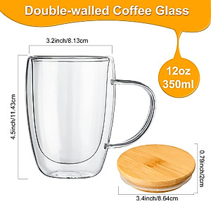 Eccliy 4 Pcs 12oz Glass Coffee Mugs with Bamboo Lids Insulated Double Walled Glass Coffee Cups Clear Tea Mug Glass Tea Cups with Handles for Hot or Iced Coffee Milk Tea Beverage Cappuccino Latte