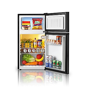 Saeoola Mini Fridge with Freezer, 3.2 Cu.Ft, 2 Doors Compact Mini Refrigerator with Separate Freezer for Dorm, Bedroom, Office, Apartment with 7-Level Temperature Control, Removable Shelves (Black)