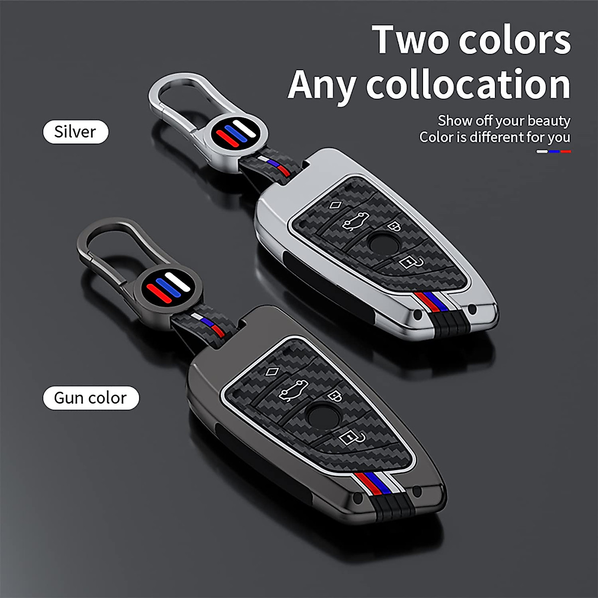OLLEN Heavy Zinc Alloy Key Fob Cover, Fit for BMW 2 5 6 7 Series X1 X2 X3 X5 X6 GT Series, Full Protection Remote Fob Cover with Carbon Fiber Pattern, Blade Shape, Silver(1 Pcs)