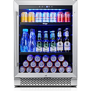 Yeego Beverage Refrigerator & Drink Fridge - 24 inch 180 Cans Beer Cooler Glass Door with Lock, Reversible Door Under Counter Refrigerator Built-in for Soda Wine for Bar Office Bedroom