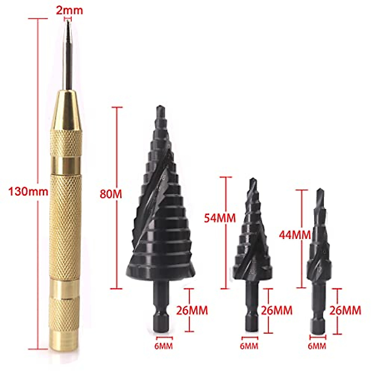 LWCUSNJ 4 Piece Step Drill Bit Set and Automatic Center Punch, HSS Nitriding Black Spiral Fluted Drill Bits for Hardened Metal, Stainless Steel, Wood, Plastic,6mm Hex Shank,Sizes 4-12mm/4-20mm/4-32mm