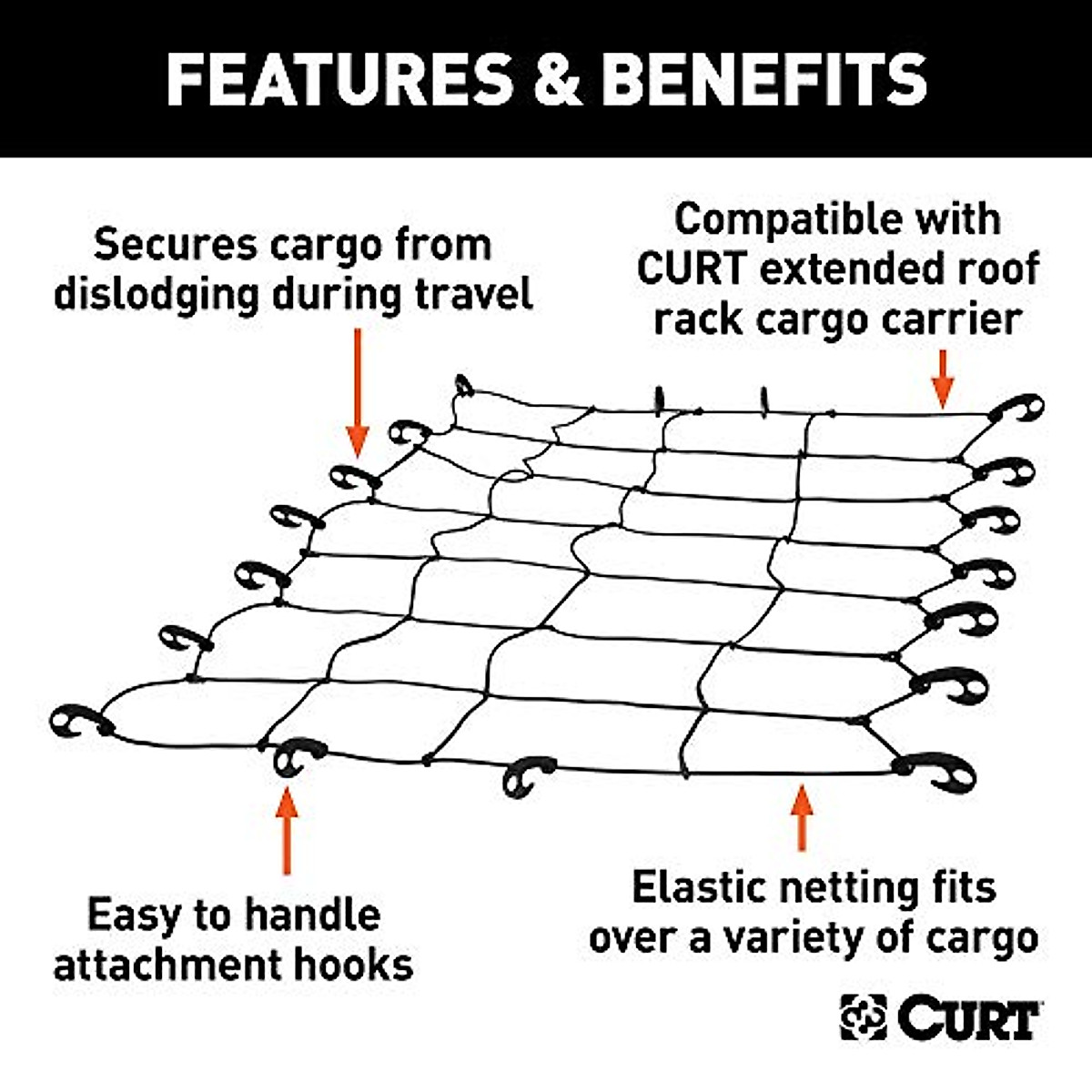 CURT 18201 65 x 38-Inch Elastic Cargo Net with Hooks for Roof Basket