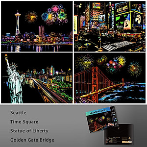 Scratch Art for Teens & Adults, Rainbow Engraving Painting Landscape Scratchboard(A4) Crafts Set: 8 Sheets with 4 Tools - New York, Statue of Liberty, Golden Gate Bridge, Manarola (America/Europe)