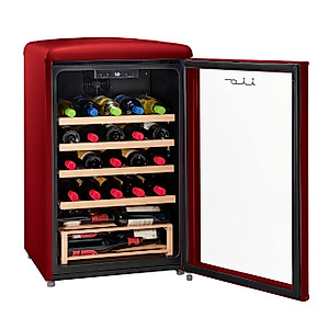 iio 30 Bottle Retro Small Wine Cooler Refrigerator, UV Resistant Glass Door, Cabinet RV Office Bar Beverage Cellar, Mini Fridge for Bedroom, Quiet Compressor, Freestanding, Slide-out Shelves (Red)