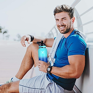 Vmini Water Bottle with Straw, Wide Sturdy Straw Lid with Dust Proof Cap, Wide Mouth Vacuum Insulated Stainless Steel Water Bottle, Gradient White+Black, 32 oz