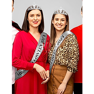 Ferraycle Miss Halloween 2024 Crown and Sash Cosplay Costume Kit for Women Silver Crystal Tiara Rhinestone Crown Princess Crown Headband Halloween Queen Sash for Party Decorations