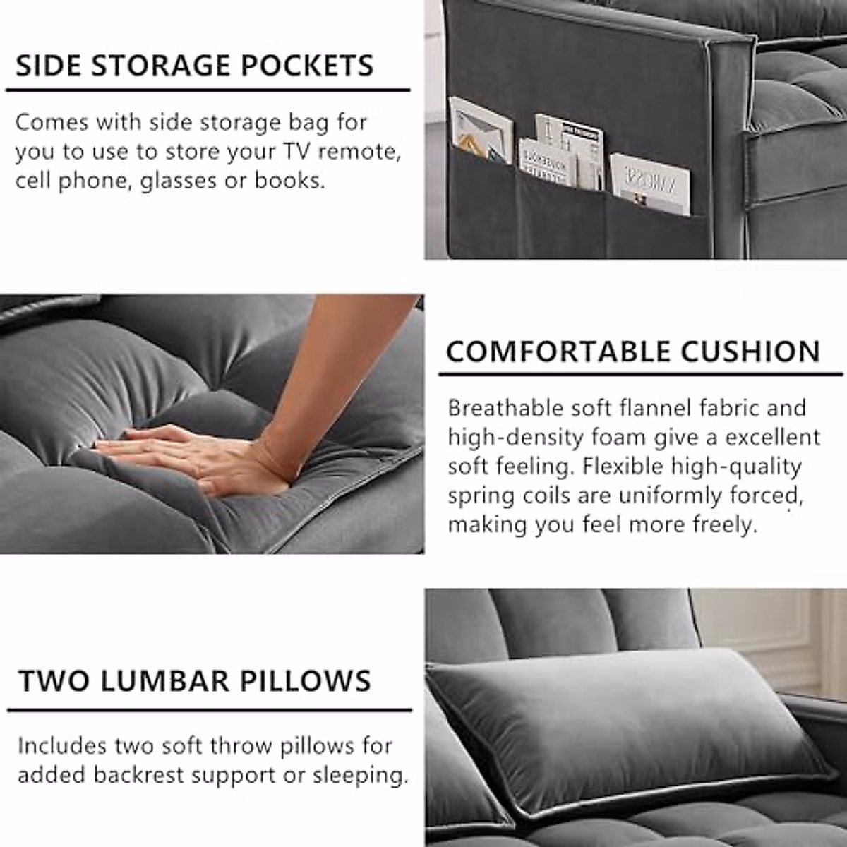 Gagawin Convertible Sofa Bed, 3-in-1 Pull Out Sleeper with 2 Pillows and Side Pockets, Soft Velvet Futon Loveseat Pull Out Bed Couch for Living Room, No.1-Gray