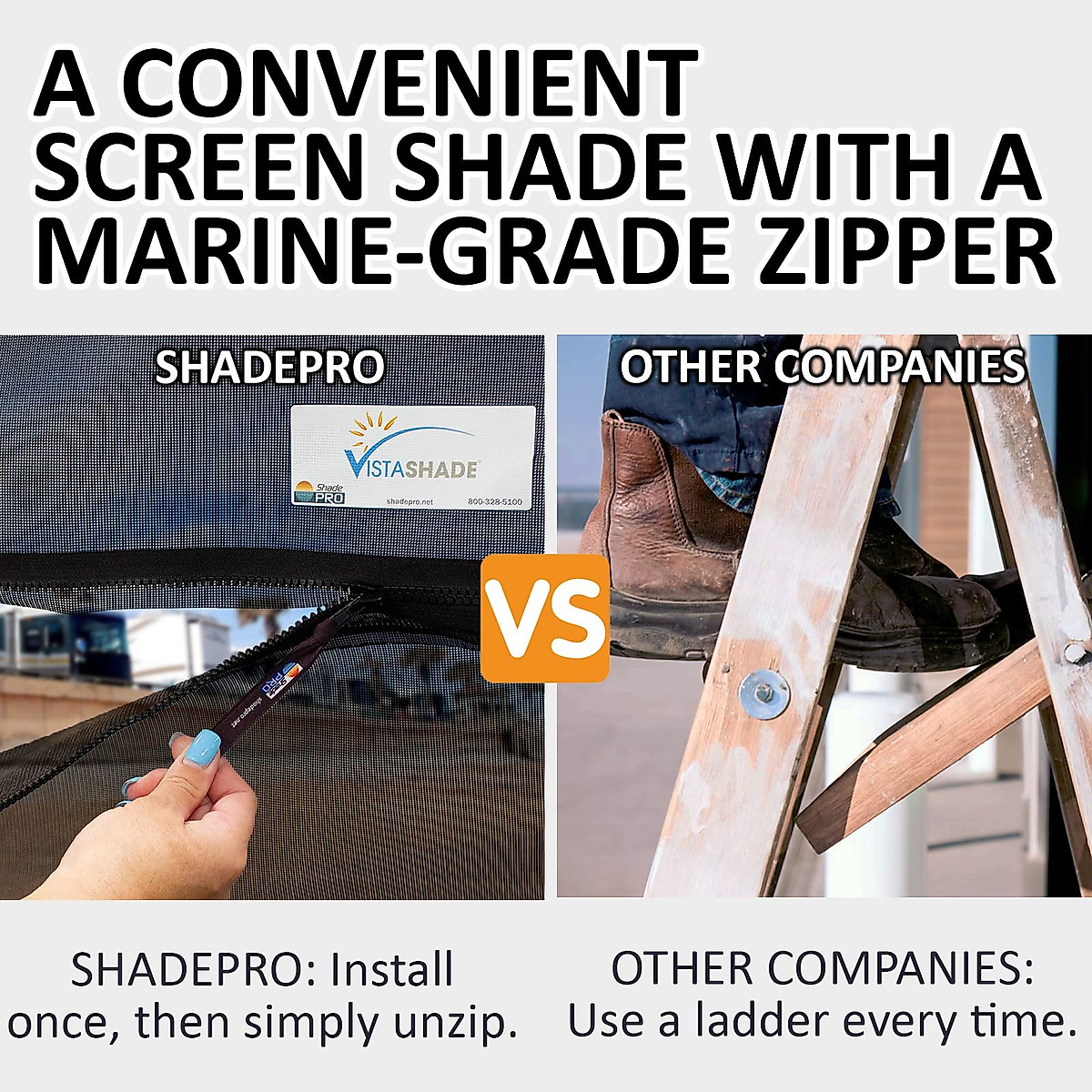 ShadePro - Vista Shade - RV Awning Shade Screen - Zipper Sun Screen Installs in Seconds - Solar Mesh Blocks 87% of Sunlight - The Original Camper Sunscreen Shade for Awnings - 17' x 8' - Black