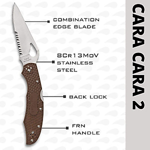 Spyderco Byrd Cara Cara 2 Lightweight Knife with 3.75" Stainless Steel Blade and Brown Non-Slip FRN Handle - CombinationEdge - BY03PSBN2