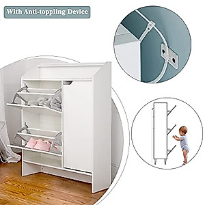 MYOYAY Shoe Storage Cabinets with Top Place Space and 2 Flip Drawers, White Modern Shoe Rack Parent-Child Upholstered Tipping Bucket Shoes Cabinet for Entryway Hallway Bedroom Corridor