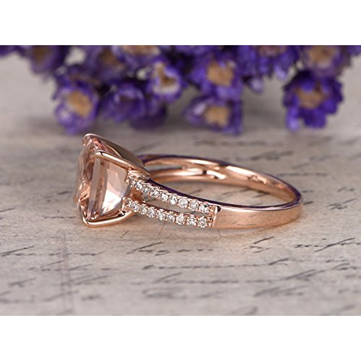 Pink Morganite Engagement Ring,8mm Cushion Cut Stone,Solid 14K Rose Gold,Split Shank Band