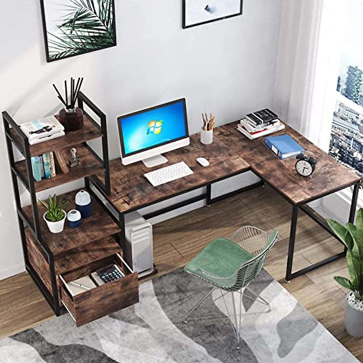 Tribesigns L-Shaped Desk with File Drawer, Reversible Corner Computer Desk with 3-Tier Storage Shelves, 85.4 inches Office Desk Computer Table Workstation for Home Office