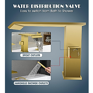 Modern Roman Tub Faucet with Hand Shower, Deck Mount Tub Filler Bathtub Faucet with Sprayer, Single Handle Bathtub Faucet Set, Widespread 3 Hole Bathtub Faucet (Brushed gold-Wide Spout)