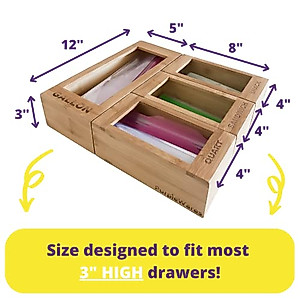 PurpleWares Food Storage Bags Holders – Premium Bamboo Kitchen Drawer Plastic Bag Organizer Dispenser Home Organization Compatible with Gallon, Quart, Sandwich & Snack Variety Size Bags (4 Piece Set)