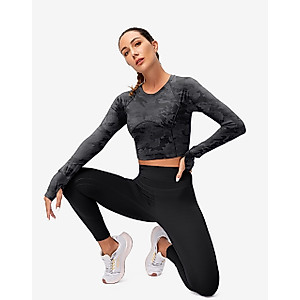 SANTINY Women's Long Sleeve Crop Workout Tops Slim Fit Gym Yoga Running Shirts for Women(Grey Camo_XL)