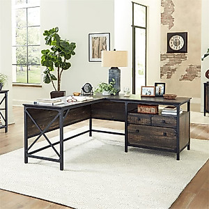 Sauder Steel River Wood and Metal L-Desk with Drawers, Carbon Oak Finish