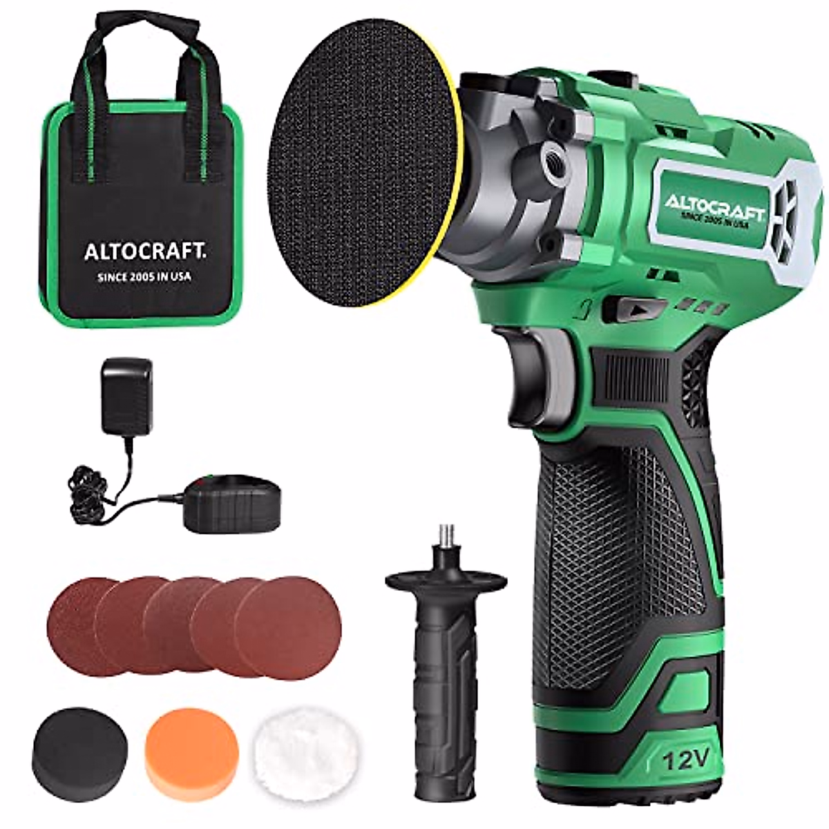 ALTOCRAFT Mini Polisher & Sander 3-inch, 12V Compact Cordless Small Buffer Waxer w/2.0Ah Battery,Variable Speed,5 Sandpapers,2 Flat Pads,Wool Pad for Car Detailing/DIY Polishing/Sanding/Waxing