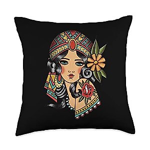Kraken Jack American Traditional Tattoos Gypsy Lady Head Fortune Teller American Traditional Tattoo Throw Pillow, 18x18, Multicolor
