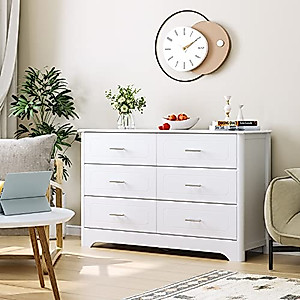 HOSATCK 6 Drawer Dresser, Modern White Wide Chest of Drawers with Metal Handels, Wood Double Dresser, Storage Chest Organizers for Living Room, Hallway, Entryway, White