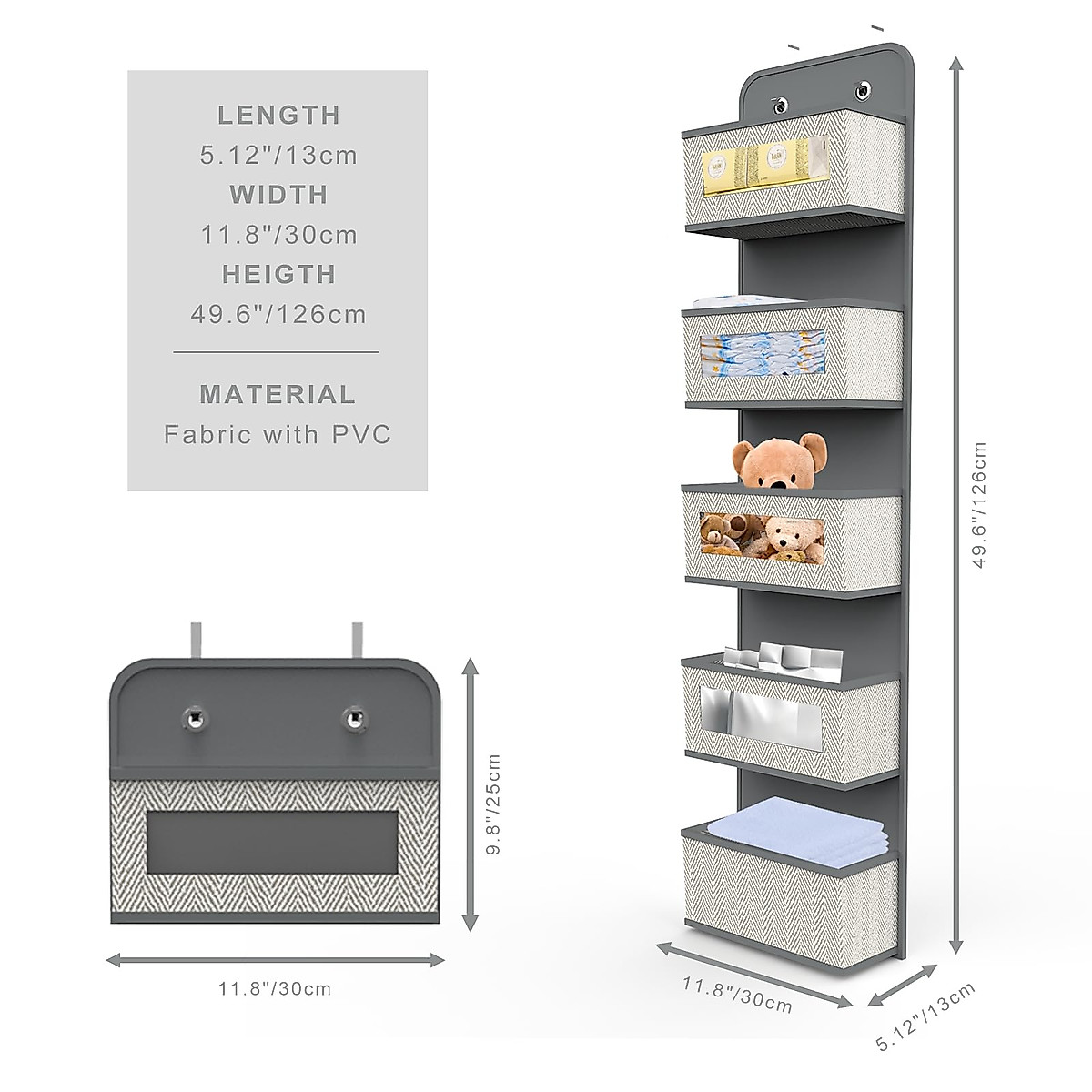 Domsanistor Over The Door Hanging Organizer with 5 Big Pockets, Wall Mount Fabric Back of Door Storage Organizer with Clear Window & Metal Hooks for Pantry Closet Diaper Dorm Nursery Bedroom