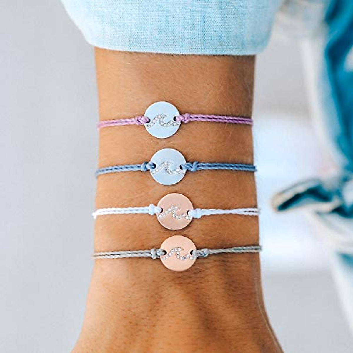 Pura Vida Rose Gold Wave Coin Bracelet - 100% Waterproof, Adjustable Band - Brand Charm, White